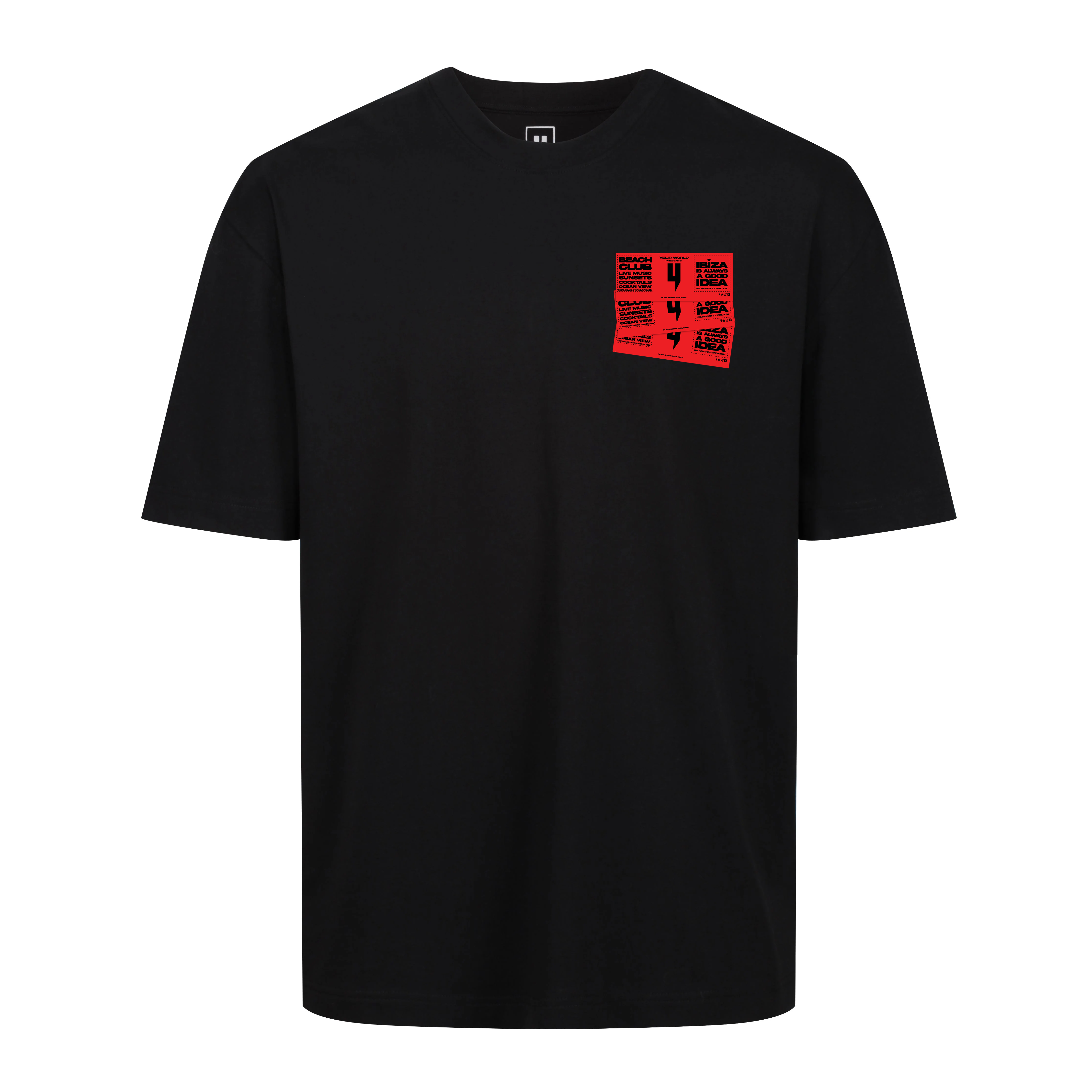 BLACK RELAXED FIT TEE RED IBIZA TICKET LOGO – YELIR WORLD