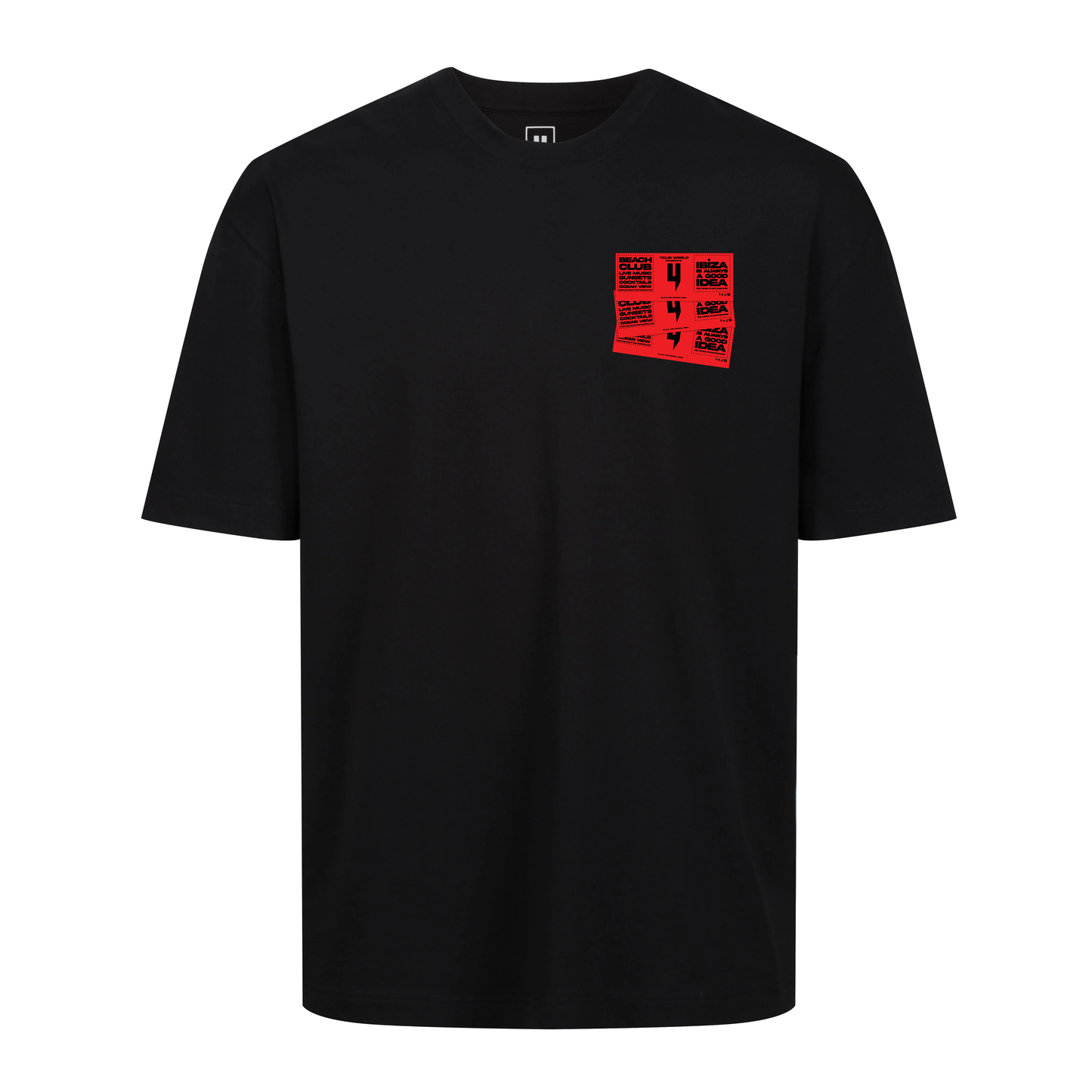 BLACK RELAXED FIT TEE RED IBIZA TICKET LOGO – YELIR WORLD