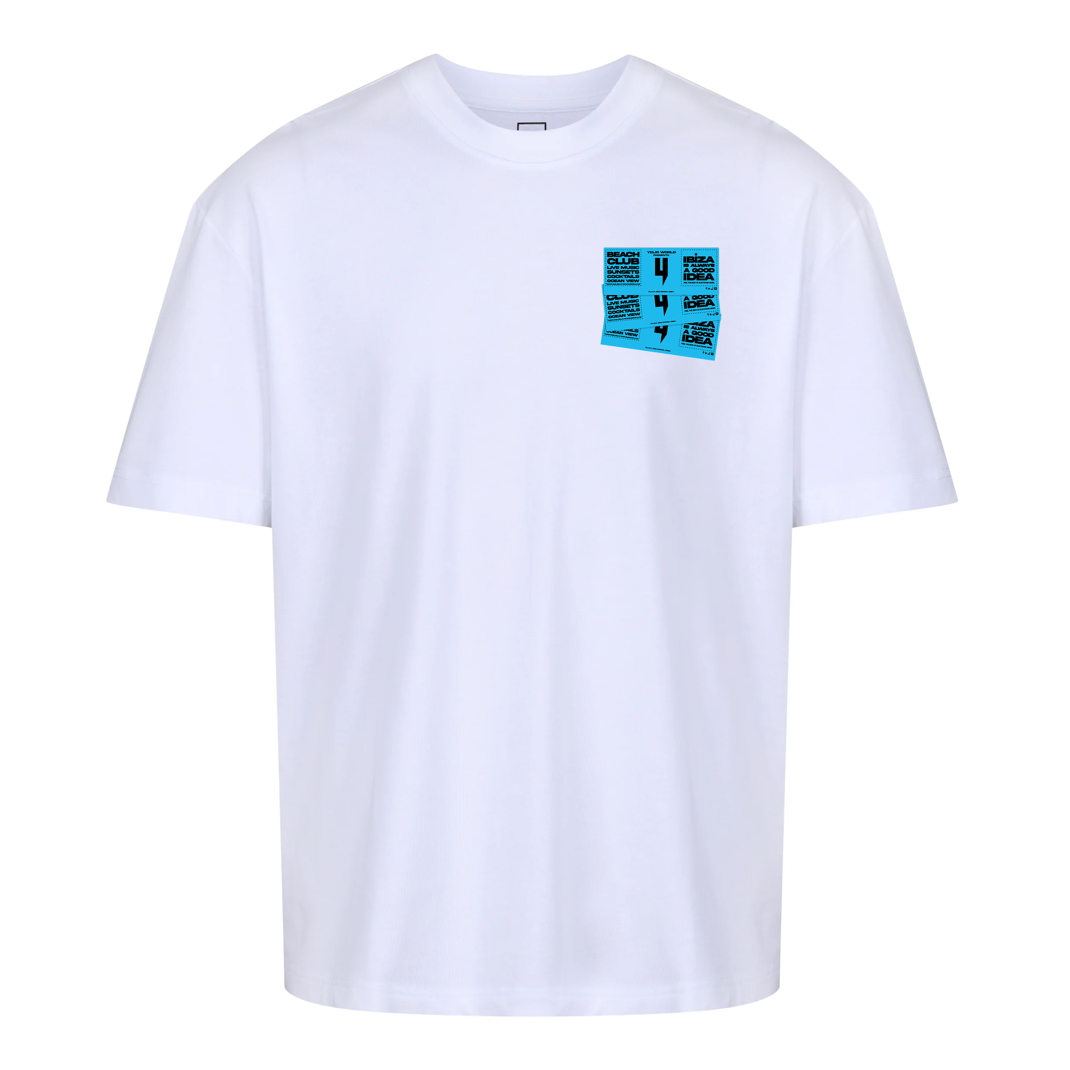 WHITE RELAXED FIT TEE BLUE IBIZA TICKET LOGO – YELIR WORLD